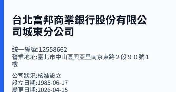 台北富邦商業銀行股份有限公司城東分公司的照片-統編 12558662(臺北市) 公司登記資料與營業項目詳細圖表
