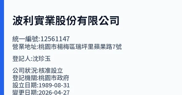 波利實業股份有限公司的照片-統編 12561147(桃園市) 公司登記資料與營業項目詳細圖表