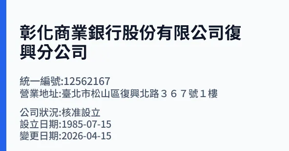 彰化商業銀行股份有限公司復興分公司的照片-統編 12562167(臺北市) 公司登記資料與營業項目詳細圖表