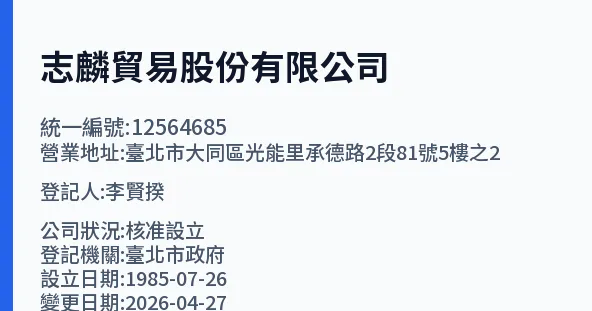 志麟貿易股份有限公司的照片-統編 12564685(臺北市) 公司登記資料與營業項目詳細圖表