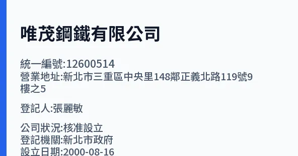 唯茂鋼鐵有限公司的照片-統編 12600514(新北市) 公司登記資料與營業項目詳細圖表