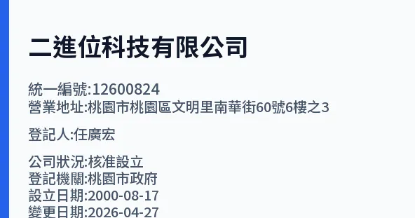 二進位科技有限公司的照片-統編 12600824(桃園市) 公司登記資料與營業項目詳細圖表