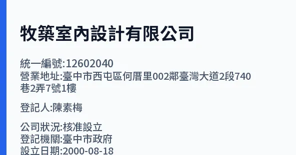 牧築室內設計有限公司的照片-統編 12602040(臺中市) 公司登記資料與營業項目詳細圖表