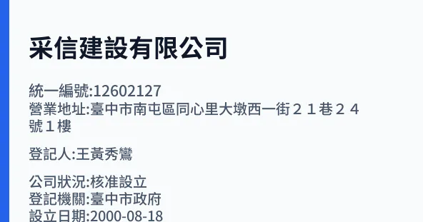 采信建設有限公司的照片-統編 12602127(臺中市) 公司登記資料與營業項目詳細圖表