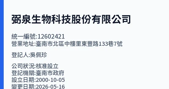 弼泉生物科技股份有限公司的照片-統編 12602421(臺南市) 公司登記資料與營業項目詳細圖表