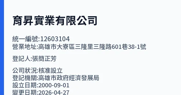育昇實業有限公司的照片-統編 12603104(高雄市) 公司登記資料與營業項目詳細圖表