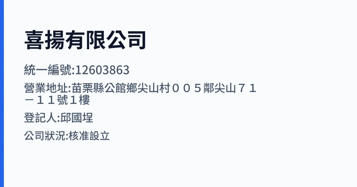 喜揚有限公司 - 統編 12603863(苗栗縣) 公司登記資料與營業項目詳細圖表