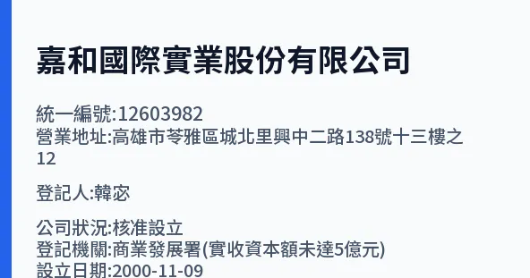 嘉和國際實業股份有限公司的照片-統編 12603982(高雄市) 公司登記資料與營業項目詳細圖表