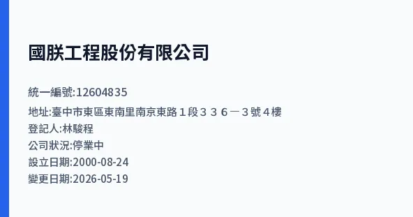 國朕工程股份有限公司的照片-統編 12604835(臺中市) 公司登記資料與營業項目詳細圖表
