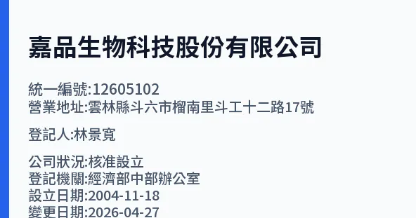 嘉品生物科技股份有限公司的照片-統編 12605102(雲林縣) 公司登記資料與營業項目詳細圖表