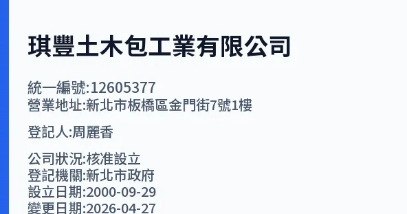 琪豐土木包工業有限公司的照片-統編 12605377(新北市) 公司登記資料與營業項目詳細圖表