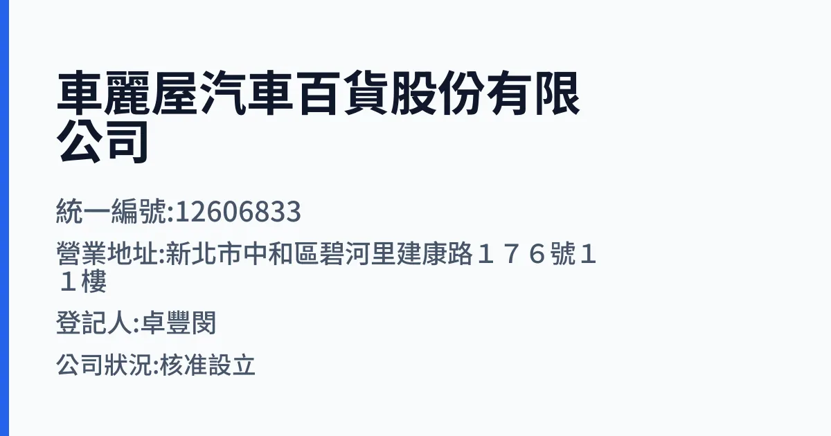 車麗屋汽車百貨股份有限公司 - 統編 12606833(新北市) 公司登記資料與營業項目詳細圖表