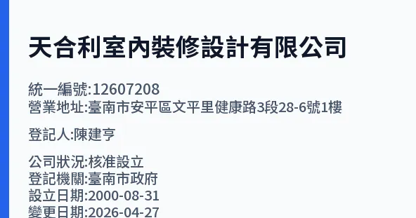 天合利室內裝修設計有限公司的照片-統編 12607208(臺南市) 公司登記資料與營業項目詳細圖表