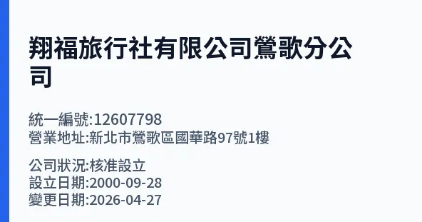 翔福旅行社有限公司鶯歌分公司的照片-統編 12607798(新北市) 公司登記資料與營業項目詳細圖表