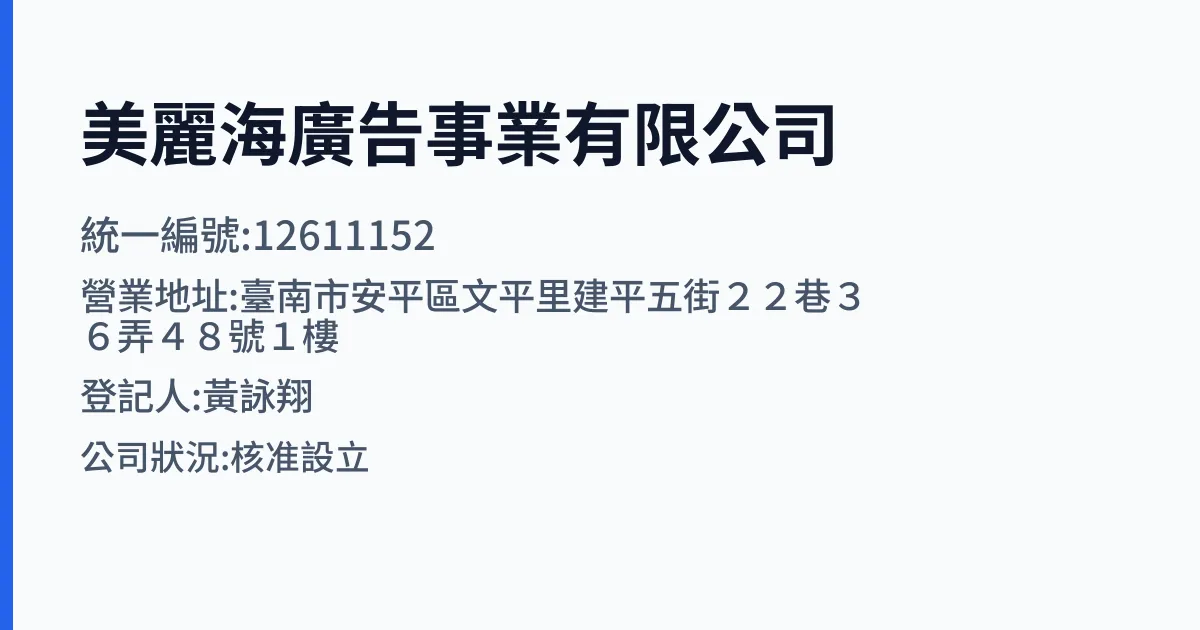美麗海廣告事業有限公司 - 統編 12611152(臺南市) 公司登記資料與營業項目詳細圖表