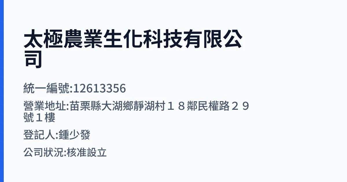 太極農業生化科技有限公司 - 統編 12613356（苗栗縣） 公司登記資料與營業項目詳細圖表