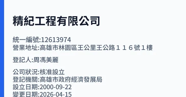 精紀工程有限公司的照片-統編 12613974(高雄市) 公司登記資料與營業項目詳細圖表