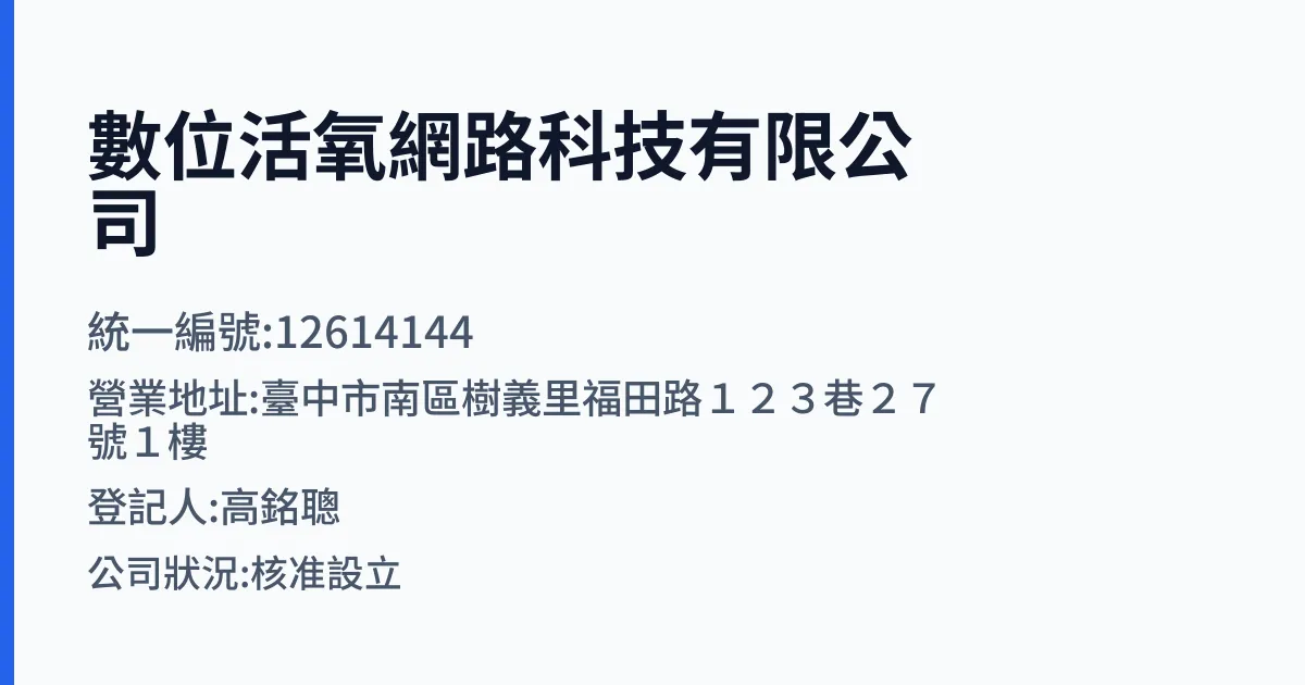 數位活氧網路科技有限公司 - 統編 12614144(臺中市) 公司登記資料與營業項目詳細圖表