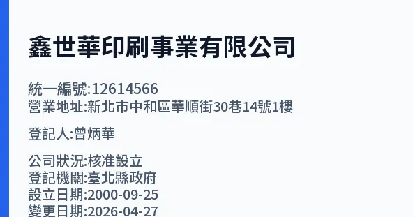 鑫世華印刷事業有限公司的照片-統編 12614566(新北市) 公司登記資料與營業項目詳細圖表