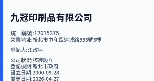 九冠印刷品有限公司的照片-統編 12615375(新北市) 公司登記資料與營業項目詳細圖表