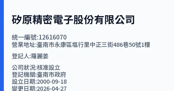 矽原精密電子股份有限公司的照片-統編 12616070(臺南市) 公司登記資料與營業項目詳細圖表
