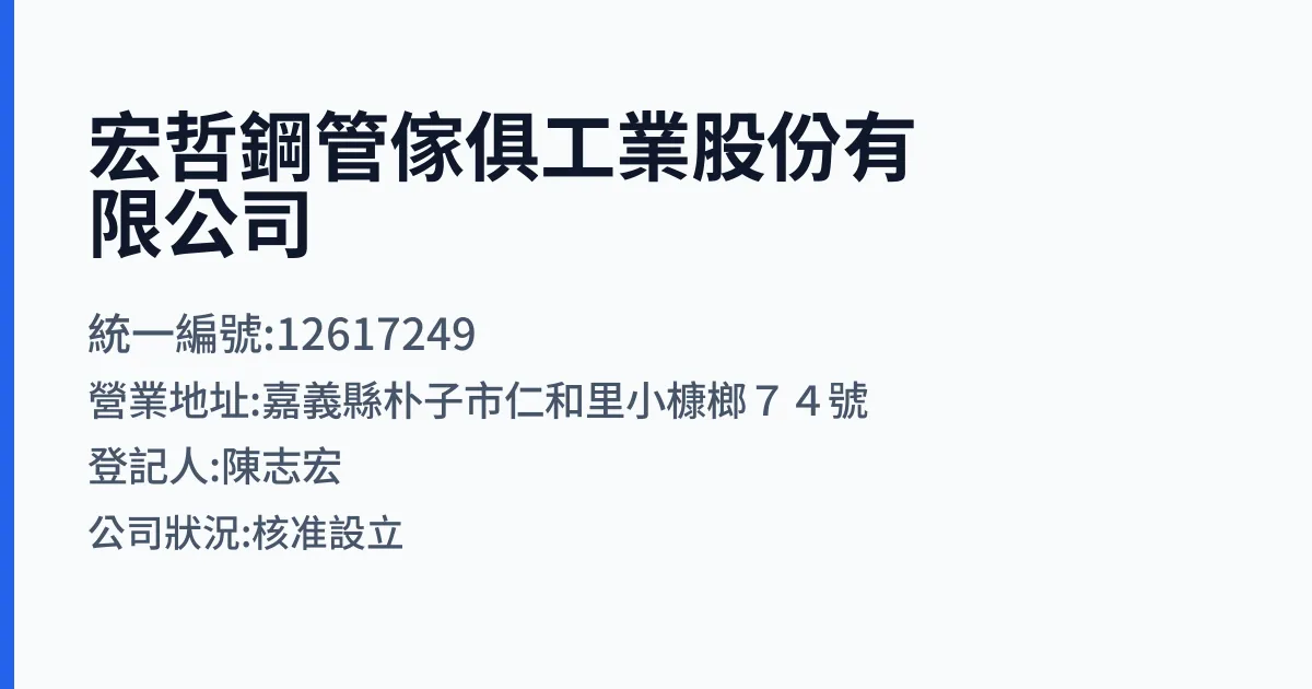 宏哲鋼管傢俱工業股份有限公司 - 統編 12617249(嘉義縣) 公司登記資料與營業項目詳細圖表