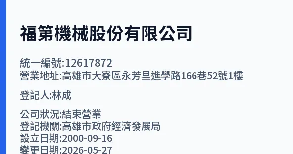 福第機械股份有限公司的照片-統編 12617872(高雄市) 公司登記資料與營業項目詳細圖表