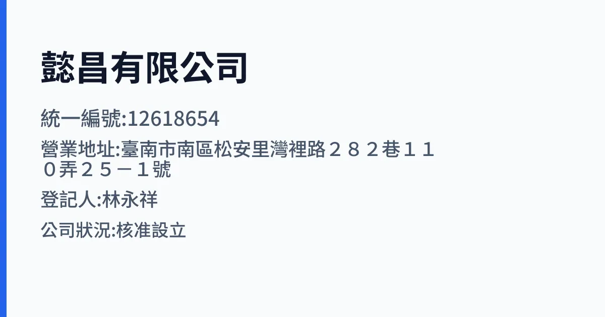 懿昌有限公司 - 統編 12618654(臺南市) 公司登記資料與營業項目詳細圖表