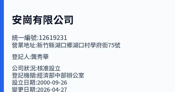 安崗有限公司的照片-統編 12619231(新竹縣) 公司登記資料與營業項目詳細圖表