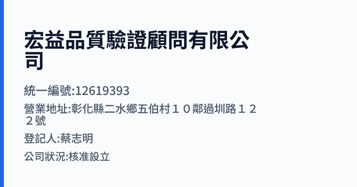 宏益品質驗證顧問有限公司 - 統編 12619393(彰化縣) 公司登記資料與營業項目詳細圖表