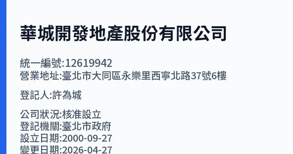 華城開發地產股份有限公司的照片-統編 12619942(臺北市) 公司登記資料與營業項目詳細圖表