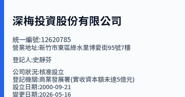 深梅投資股份有限公司的照片-統編 12620785(新竹市) 公司登記資料與營業項目詳細圖表