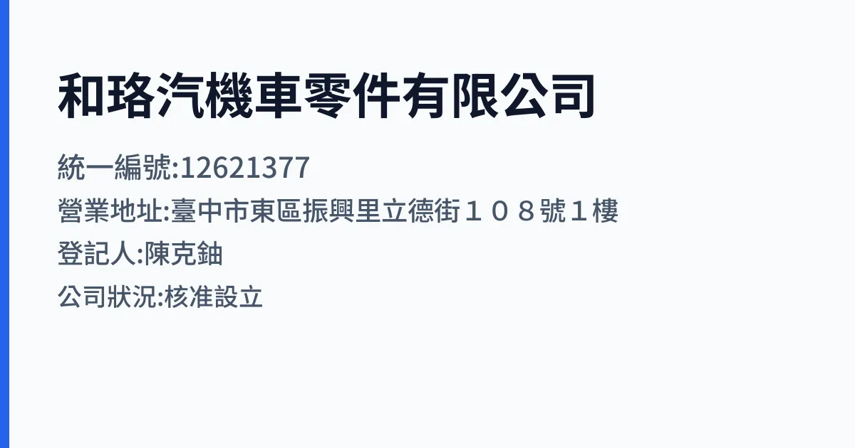 和珞汽機車零件有限公司 - 統編 12621377(臺中市) 公司登記資料與營業項目詳細圖表
