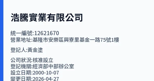 浩騰實業有限公司的照片-統編 12621670(基隆市) 公司登記資料與營業項目詳細圖表