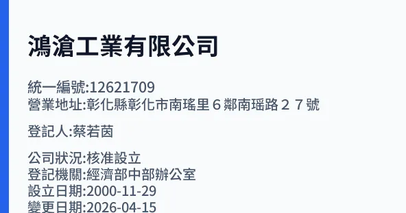 鴻滄工業有限公司的照片-統編 12621709(彰化縣) 公司登記資料與營業項目詳細圖表