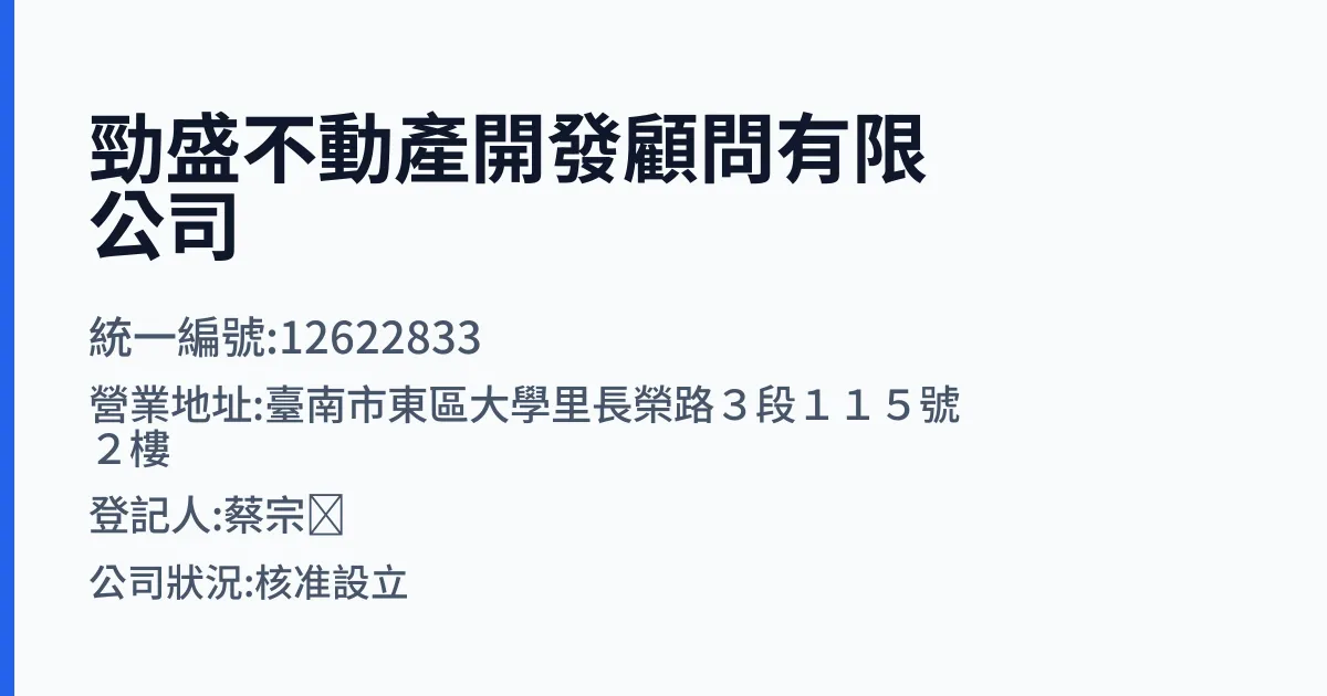 勁盛不動產開發顧問有限公司 - 統編 12622833(臺南市) 公司登記資料與營業項目詳細圖表