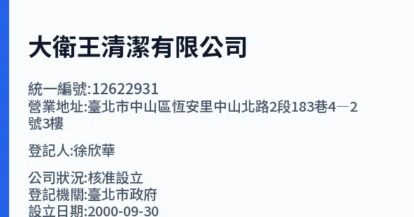 大衛王清潔有限公司的照片-統編 12622931(臺北市) 公司登記資料與營業項目詳細圖表