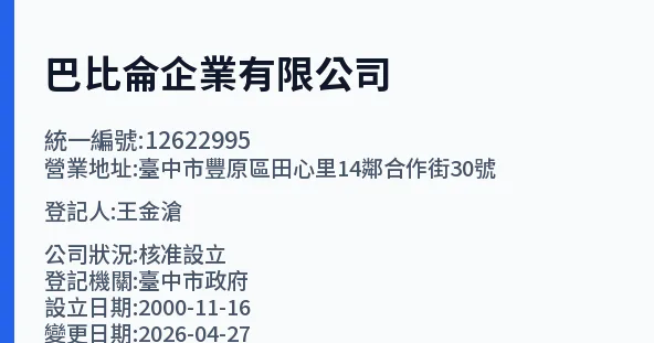 巴比侖企業有限公司的照片-統編 12622995(臺中市) 公司登記資料與營業項目詳細圖表