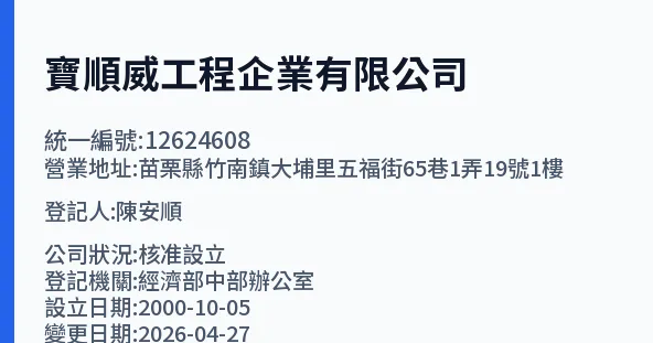 寶順威工程企業有限公司的照片-統編 12624608(苗栗縣) 公司登記資料與營業項目詳細圖表