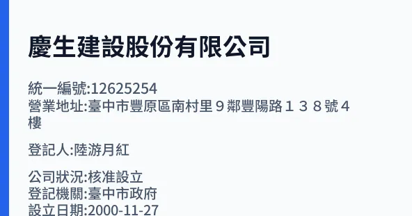 慶生建設股份有限公司的照片-統編 12625254(臺中市) 公司登記資料與營業項目詳細圖表