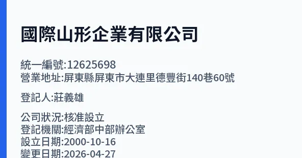 國際山形企業有限公司的照片-統編 12625698(屏東縣) 公司登記資料與營業項目詳細圖表
