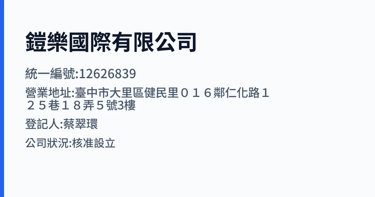 鎧樂國際有限公司 - 統編 12626839(臺中市) 公司登記資料與營業項目詳細圖表
