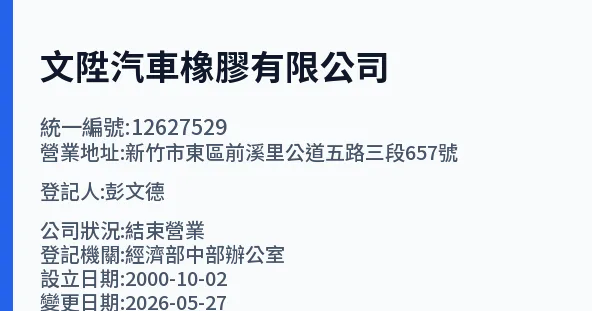 文陞汽車橡膠有限公司的照片-統編 12627529(新竹市) 公司登記資料與營業項目詳細圖表