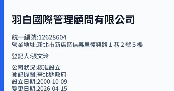 羽白國際管理顧問有限公司的照片-統編 12628604(新北市) 公司登記資料與營業項目詳細圖表