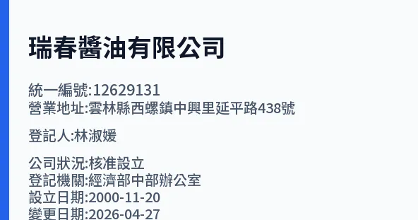 瑞春醬油有限公司的照片-統編 12629131(雲林縣) 公司登記資料與營業項目詳細圖表