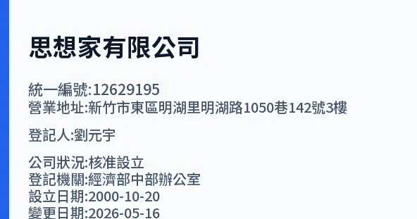 思想家有限公司的照片-統編 12629195(新竹市) 公司登記資料與營業項目詳細圖表