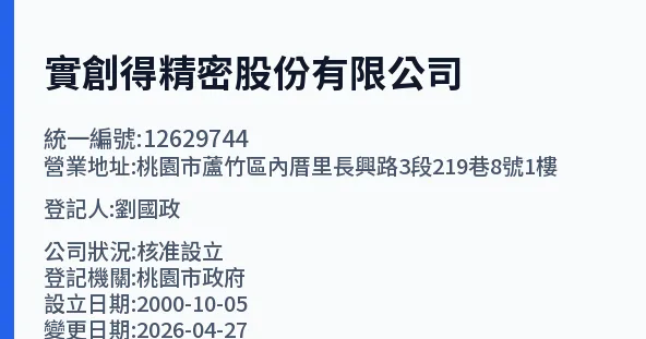 實創得精密股份有限公司的照片-統編 12629744(桃園市) 公司登記資料與營業項目詳細圖表