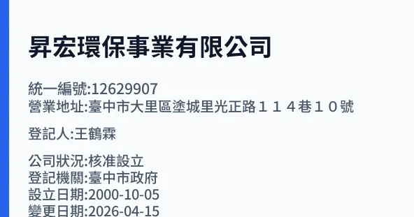 昇宏環保事業有限公司的照片-統編 12629907(臺中市) 公司登記資料與營業項目詳細圖表