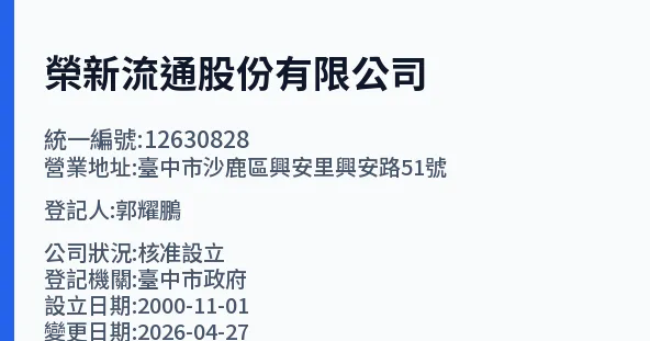 榮新流通股份有限公司的照片-統編 12630828(臺中市) 公司登記資料與營業項目詳細圖表