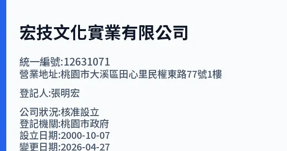 宏技文化實業有限公司的照片-統編 12631071(桃園市) 公司登記資料與營業項目詳細圖表